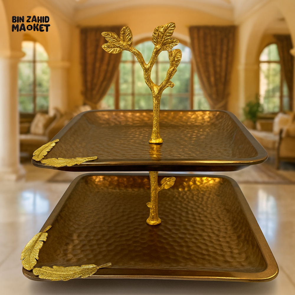 2-TIER LUXURY BRONZE SERVING TRAY WITH GOLD LEAF HANDLE – HIGHLY ELEGA