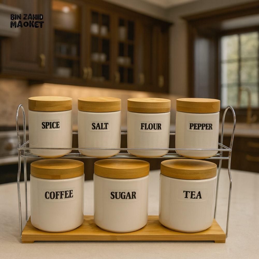 7 PIECE CERAMIC KITCHEN STORAGE JAR SET WITH BAMBOO LIDS & METAL RACK