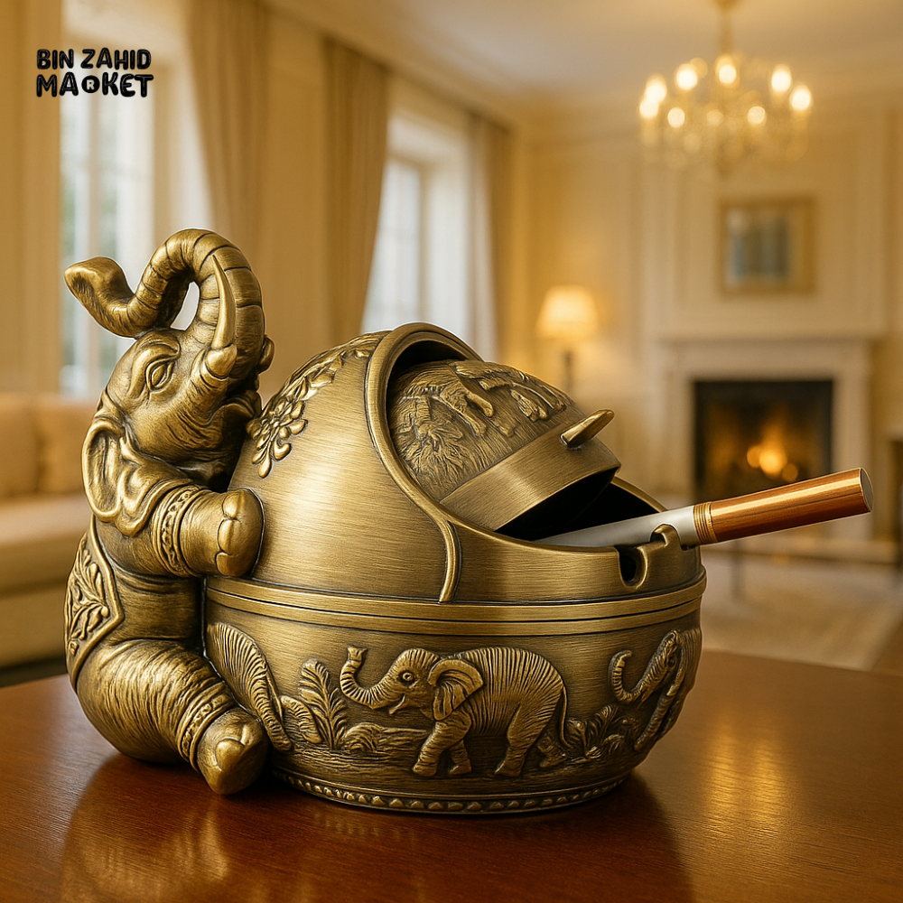 ANTIQUE BRASS ELEPHANT ASHTRAY WITH LID – LUXURY DECORATIVE SMOKING AC