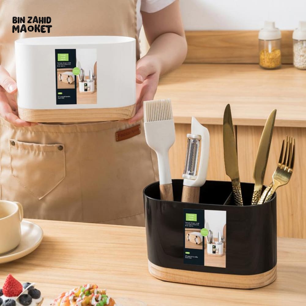 CUTLERY CONTAINER WITH WOODEN BASE – CHOPSTICK HOLDER UTENSIL STORAGE