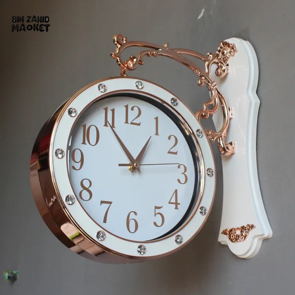 DECORATIVE GOLD WALL CLOCK SILENT DOUBLE-SIDED HOME TIMEPIECE