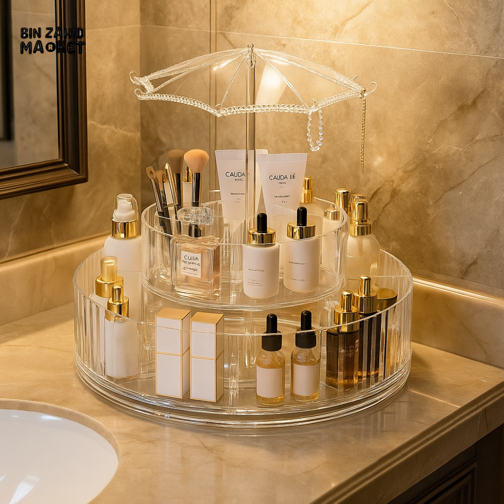 ELEGANT ROTATING COSMETIC STAND – MULTI-TIER MAKEUP HOLDER WITH CRYSTA