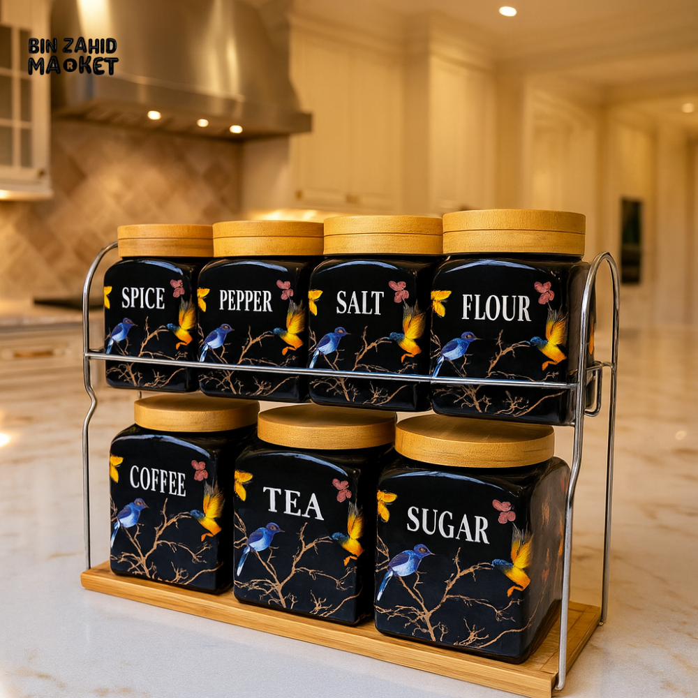 LUXURY BIRD PATTERN CANISTERS – 8PIECES BLACK JARS, AIRTIGHT, COUNTERT