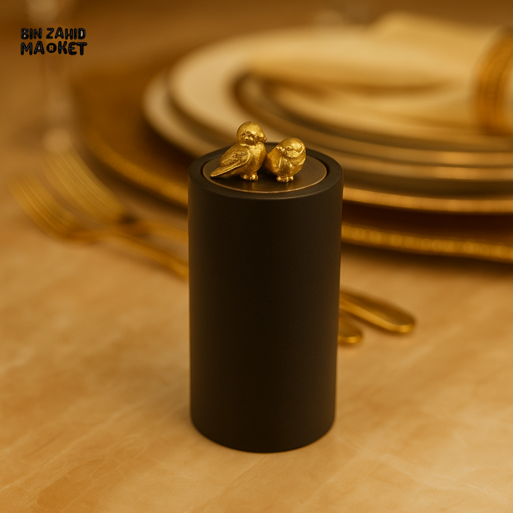 LUXURY BLACK TOOTHPICK HOLDER WITH GOLDEN LOVE BIRDS – ELEGANT TABLETO