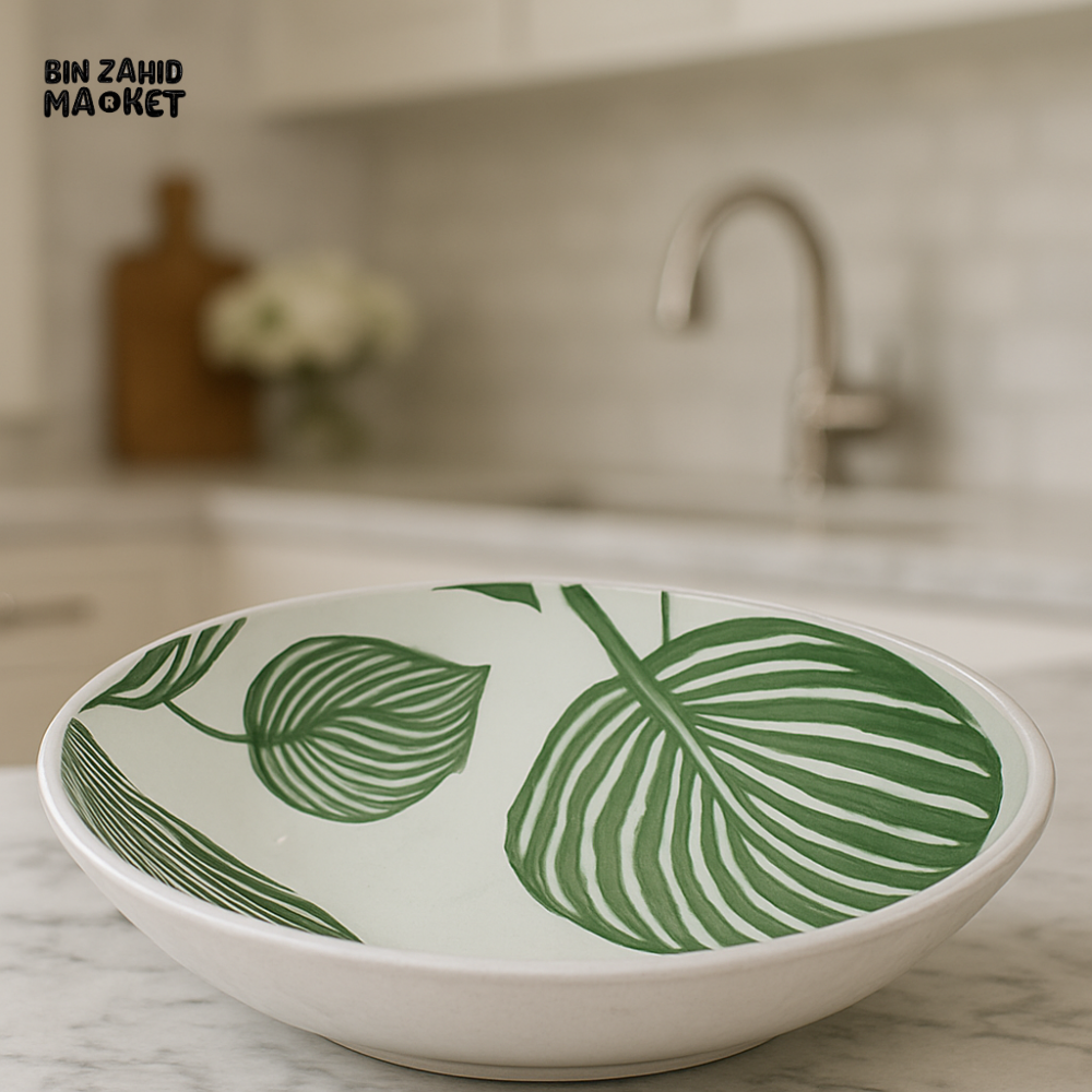 LUXURY CERAMIC DEEP PLATE – GREEN LEAF DESIGN FOR MODERN KITCHEN & TAB