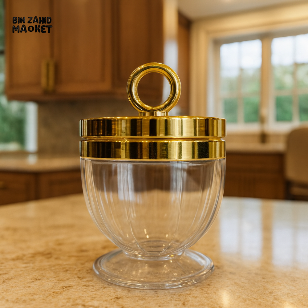 LUXURY GLASS JAR WITH GOLDEN LID – ELEGANT STORAGE CONTAINER FOR KITCH