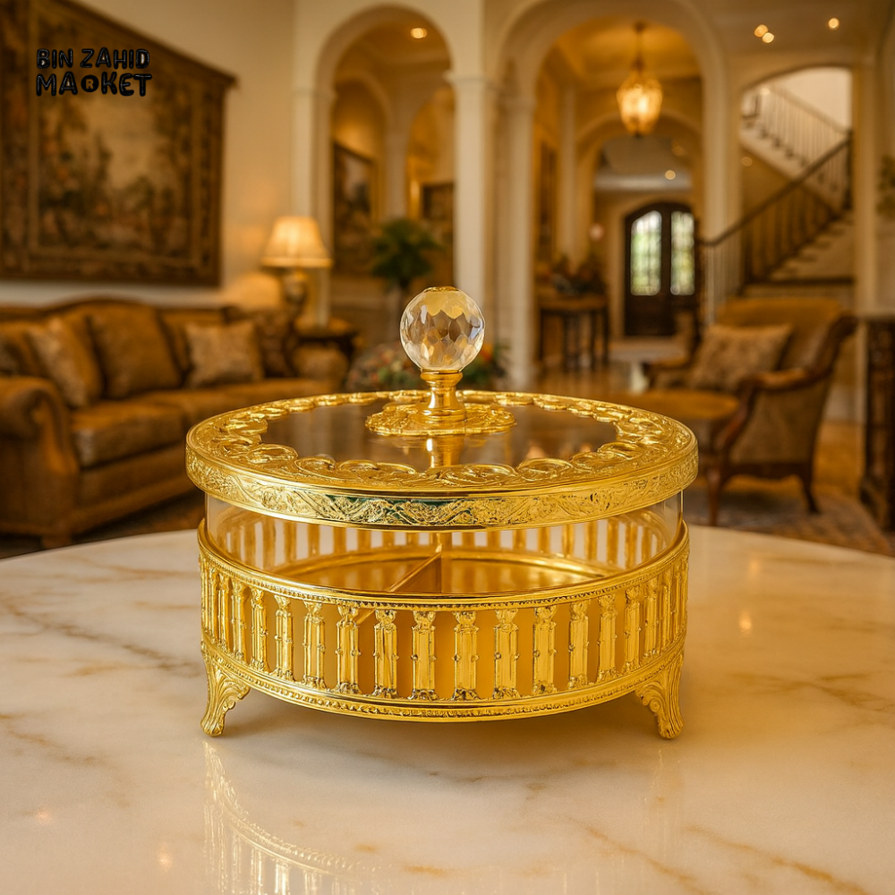 LUXURY GOLD ROUND DRY FRUIT BOX WITH GLASS LID AND CRYSTAL KNOB - HY80