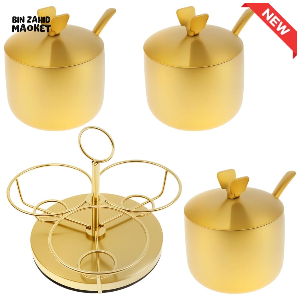 LUXURY GOLDEN STAINLESS STEEL SPICE & SUGAR CONTAINER WITH LID & SPOON