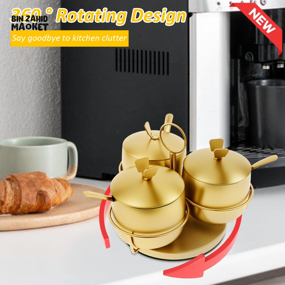 LUXURY GOLDEN STAINLESS STEEL SPICE & SUGAR CONTAINER WITH LID & SPOON