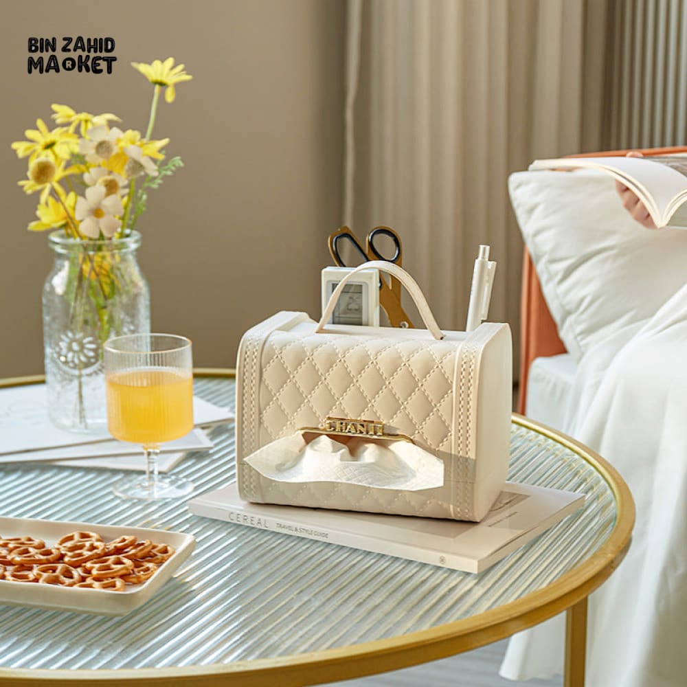 LUXURY QUILTED TISSUE BOX WITH HANDLE – ELEGANT TABLETOP ORGANIZER FOR