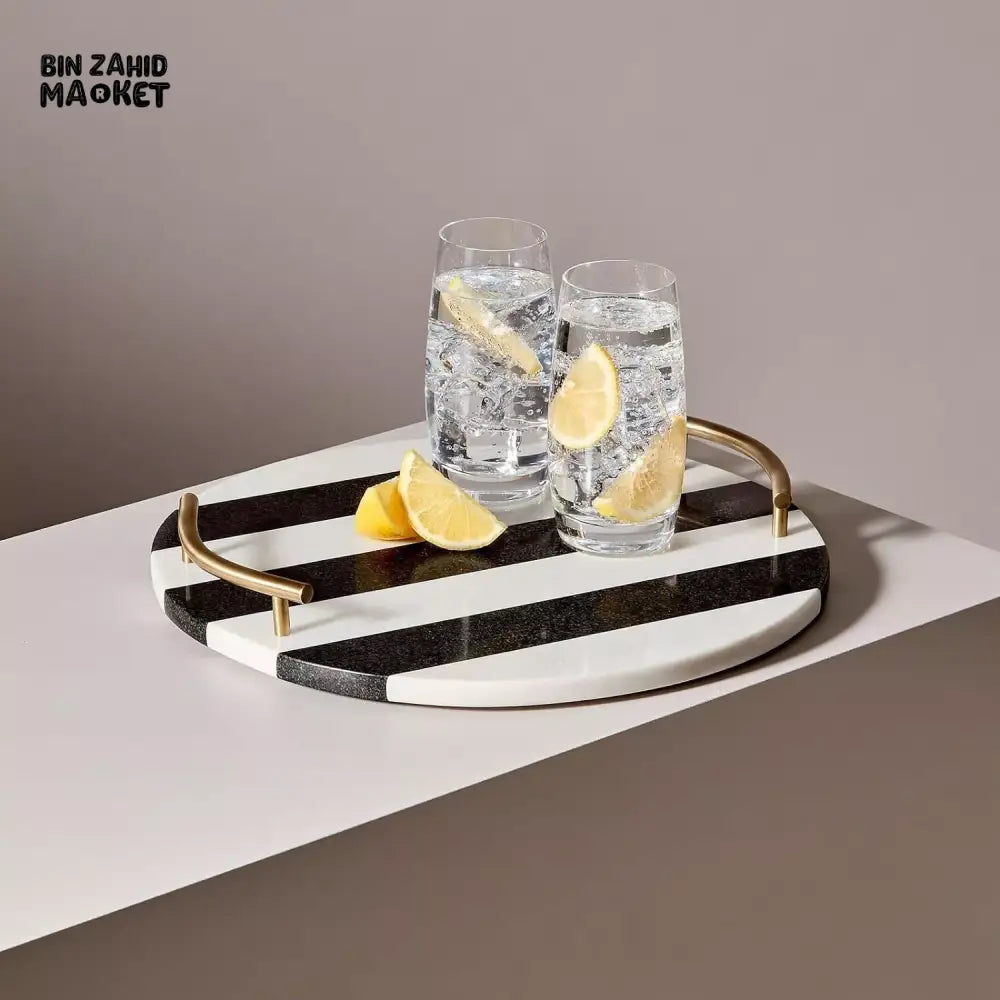 MODERN B&W MARBLE GRANITE TRAY WITH GOLD HANDLE