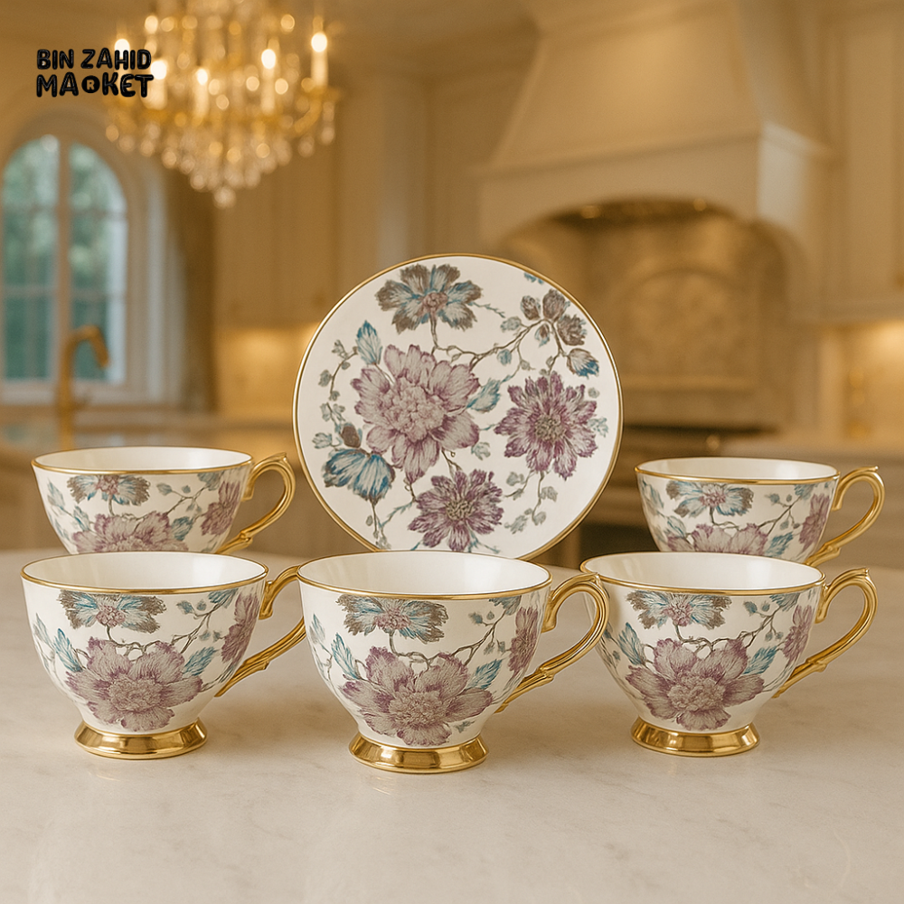 ROYAL ALBERT LUXURY FLORAL TEA CUP SET – 12 PIECE | GOLD RIMMED FINE P
