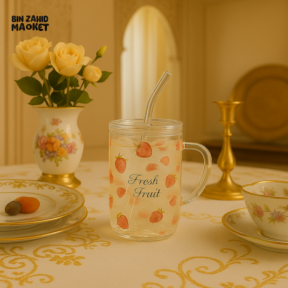 STRAWBERRY DESIGN GLASS CUP WITH STRAW – FRESH FRUIT JUICE MUG FOR KID