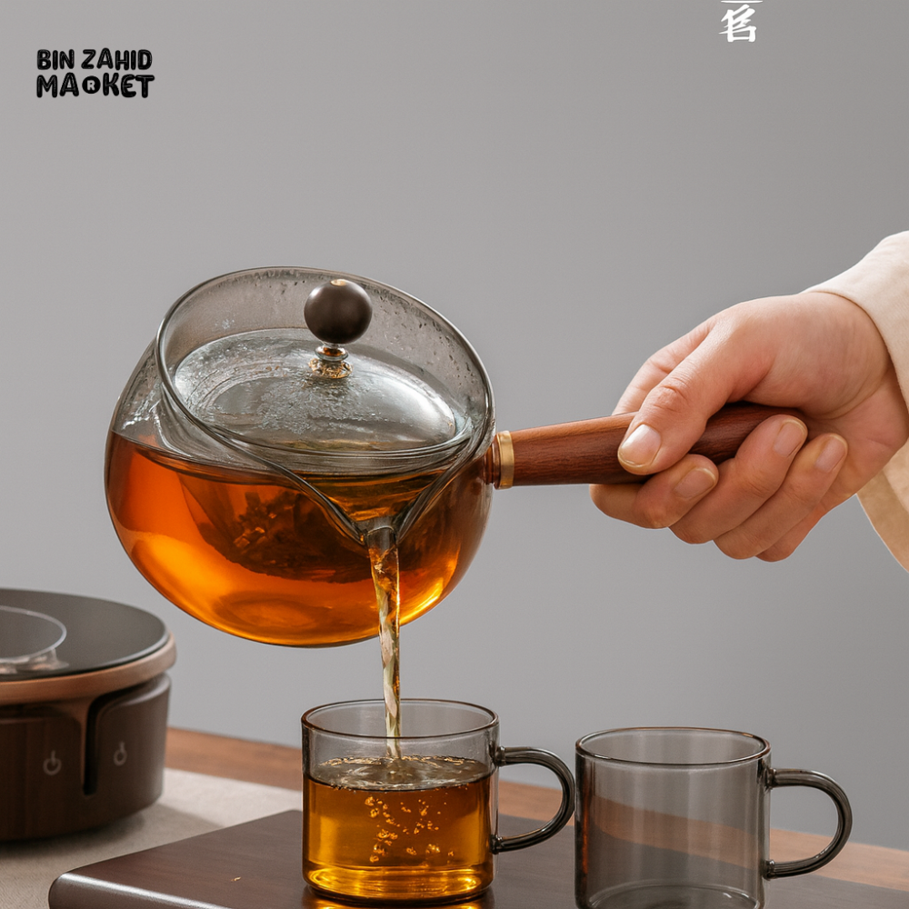 TRANSPARENT GLASS TEAPOT – SIDE-HANDLE BREWER WITH ROTATING FILTER TEA
