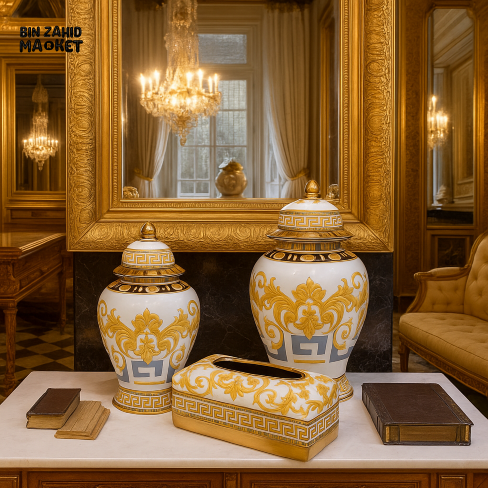 VERSACE INSPIRED LUXURY CERAMIC DECOR SET – GOLD & WHITE VINTAGE VILLA