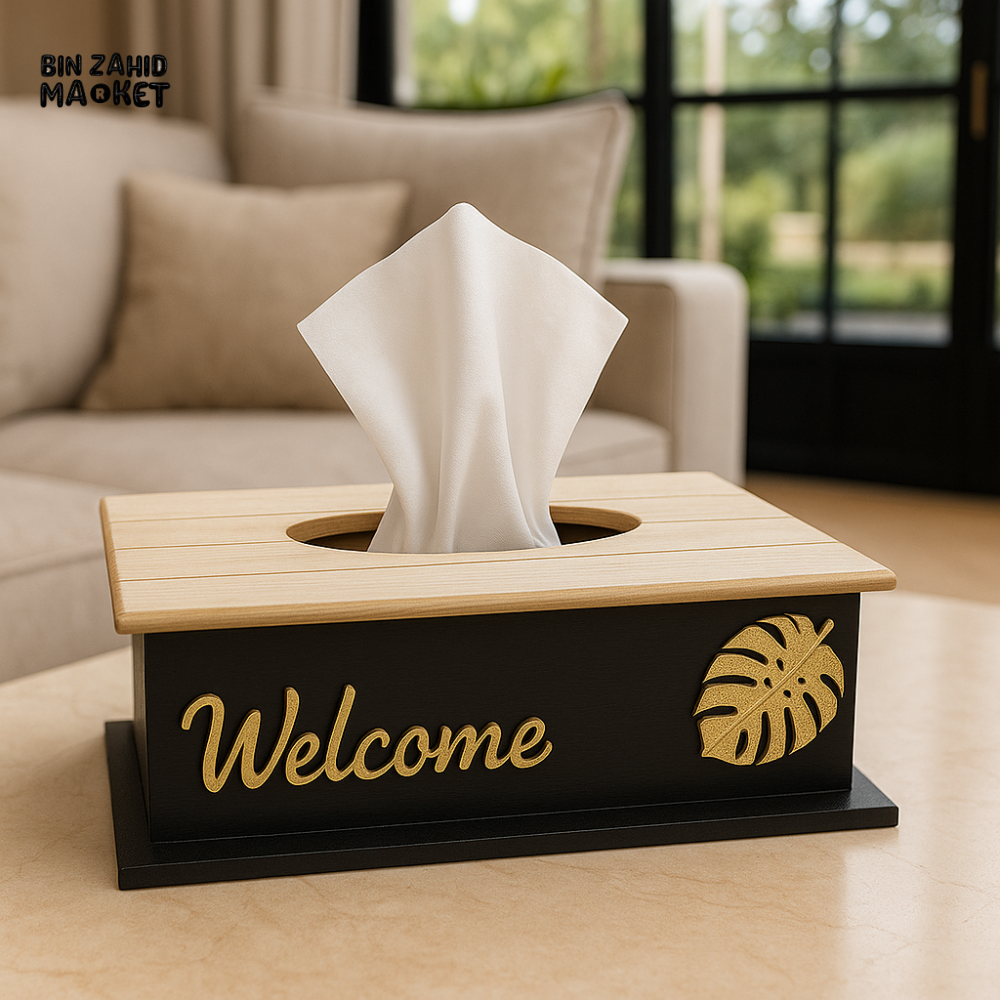WELCOME WOODEN TISSUE BOX – BLACK & GOLD DECOR PIECE FOR LUXURY VILLA