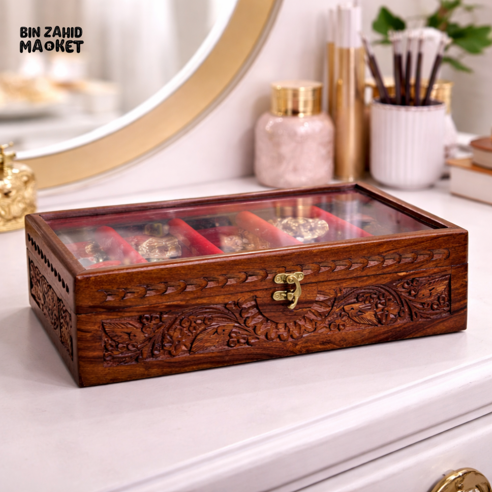 WOODLY SHESHAM GLASS TOP BANGLE STORAGE BOX - LARGE